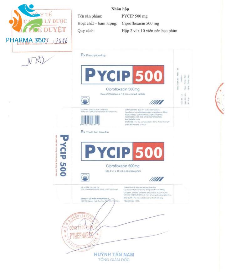 Hướng dẫn sử dụng viên nén bao phim PYCIP 500 mg - Ciprofloxacin 500mg